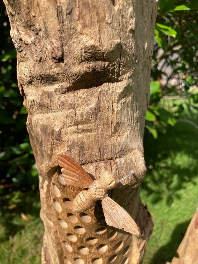Large Beehive Wood Sculpture Bumble Bees Statue Teak Root Handmade Uni ...