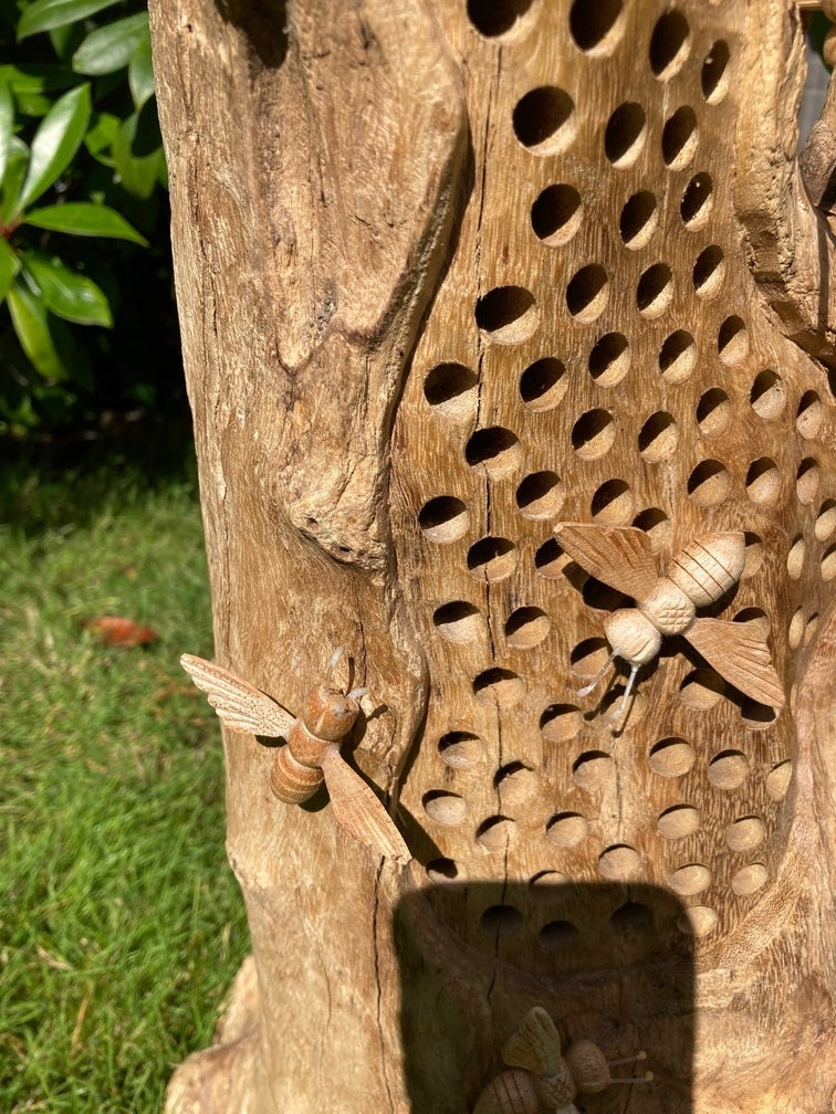 Large Beehive Wood Sculpture Bumble Bees Statue Teak Root Handmade Uni ...