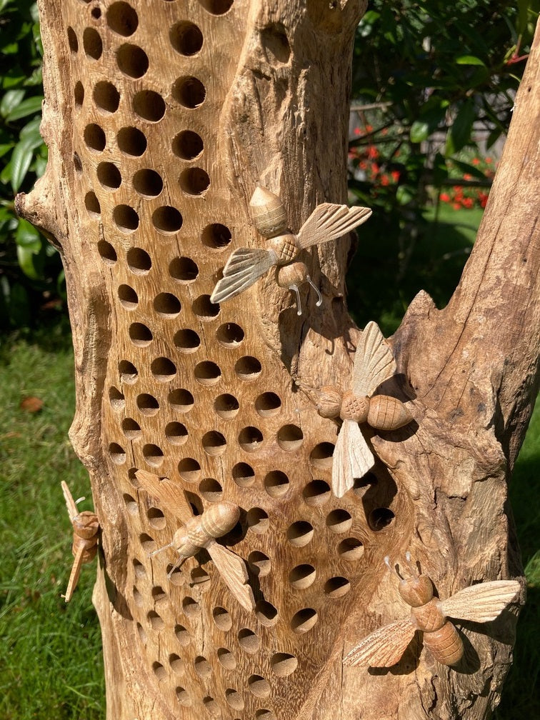 Large Beehive Wood Sculpture Bumble Bees Statue Teak Root Handmade Uni ...