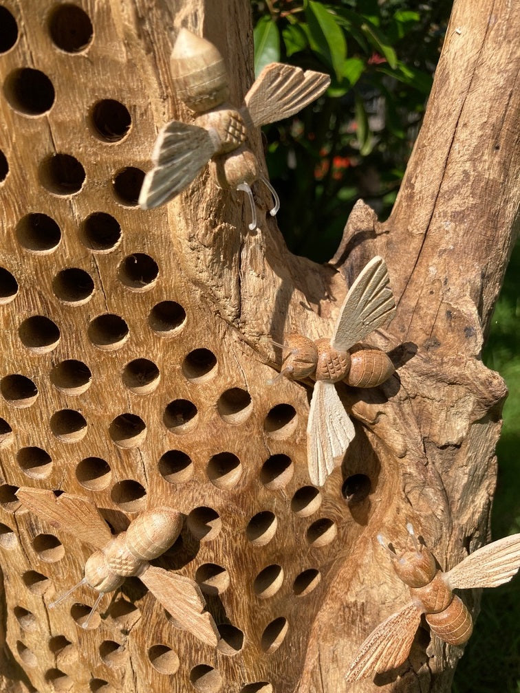 Large Beehive Wood Sculpture Bumble Bees Statue Teak Root Handmade Uni ...