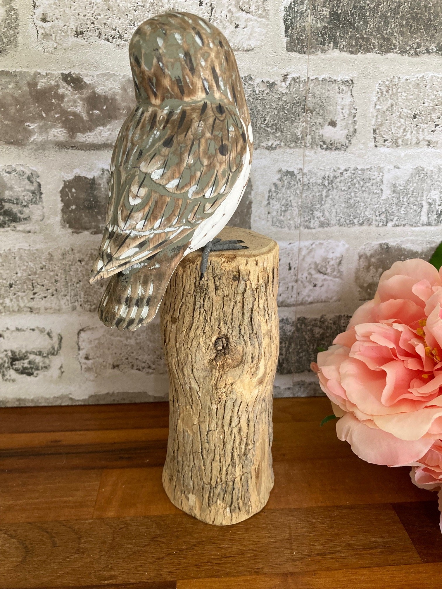 Hand Carved Owl Figurine Ornament Painted Bird Wood Log Tree Stump Woo ...