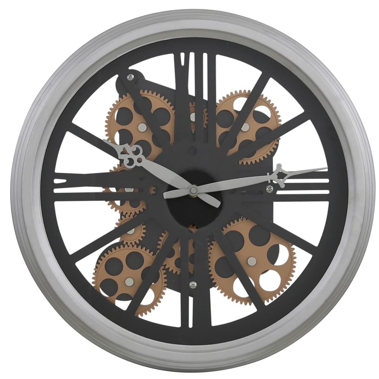 Metal Moving Cog Gear Round Wall Clock Skeleton Movement Silver Gold B ...