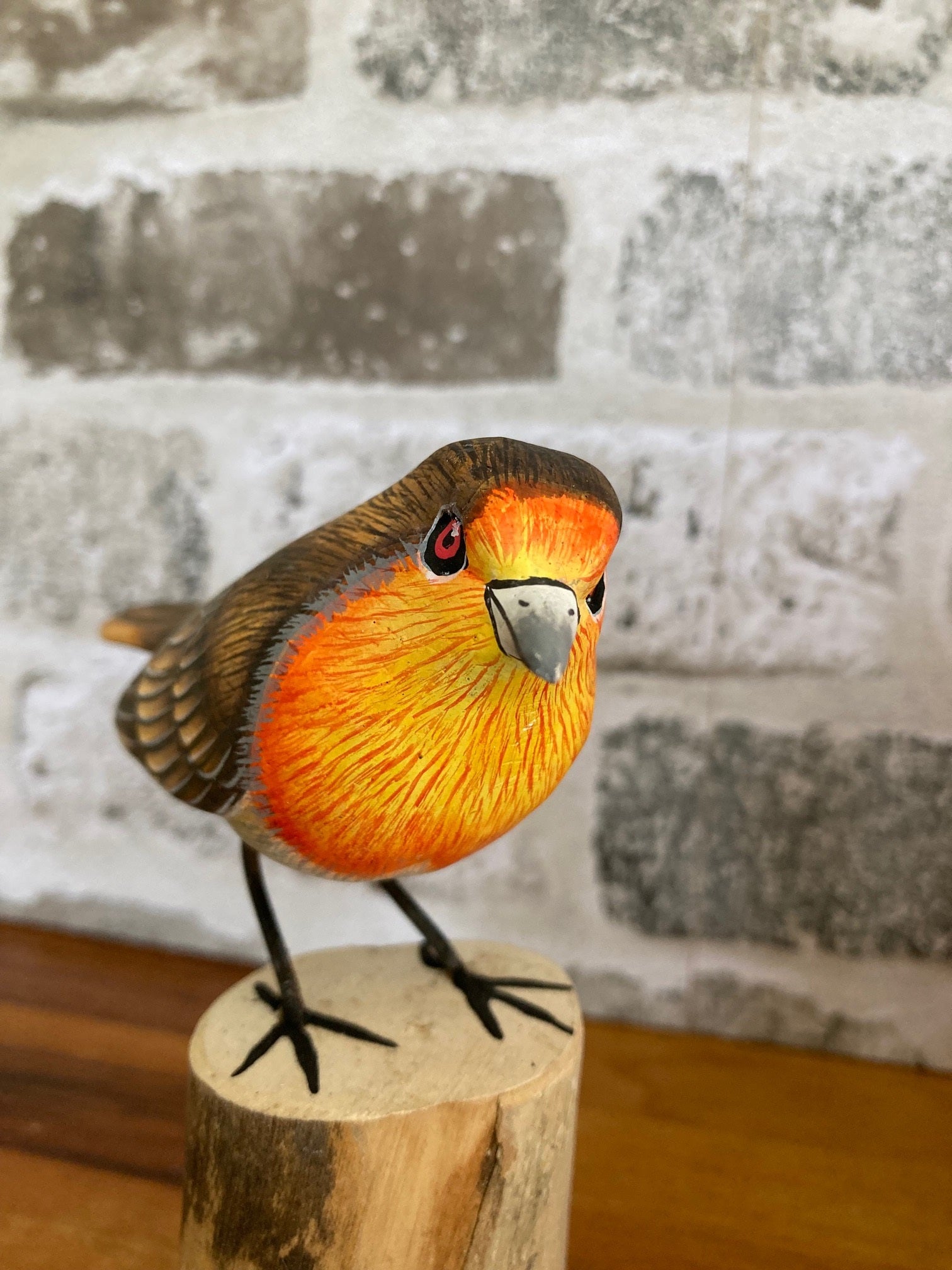 Robin Ornament Figurine Bird on Real Log Stunp Hand Carved Wood Loved ...