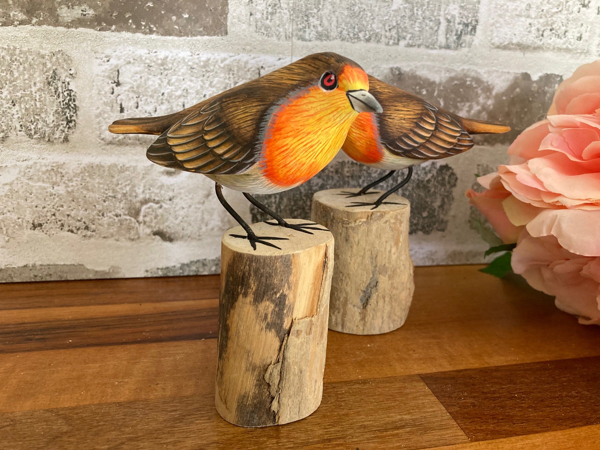 Robin Ornament Figurine Bird on Real Log Stunp Hand Carved Wood Loved ...